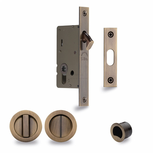 Antique Brass Privacy Pocket Door Set With Round Pulls | Door handles ...