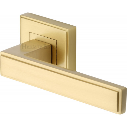 Linear Lever Handles on Square Rose in Satin Brass from Cheshire ...